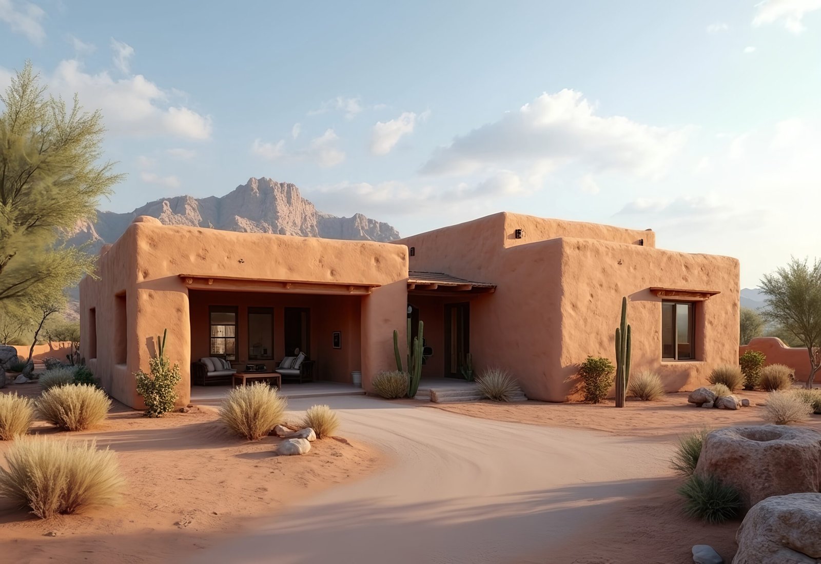 Desert adobe southwestern style house with clay walls